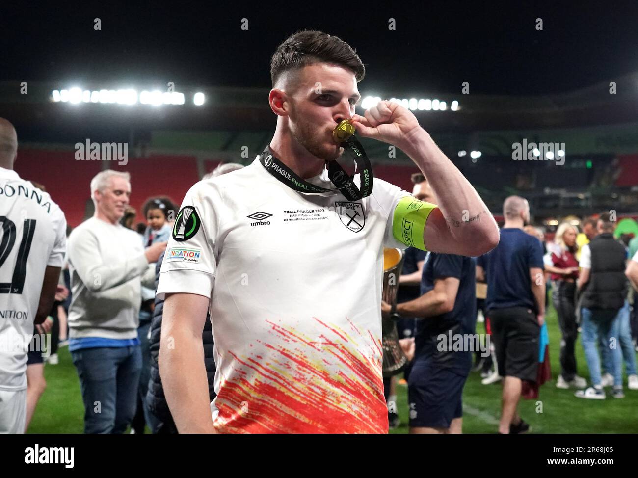 West Ham United's Declan Rice celebrates with his winners medal ...