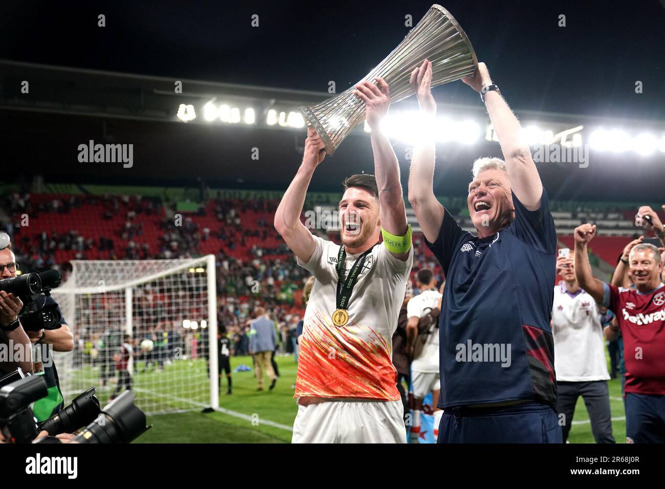 West Ham United's Declan Rice (left) and manager David Moyes with the ...