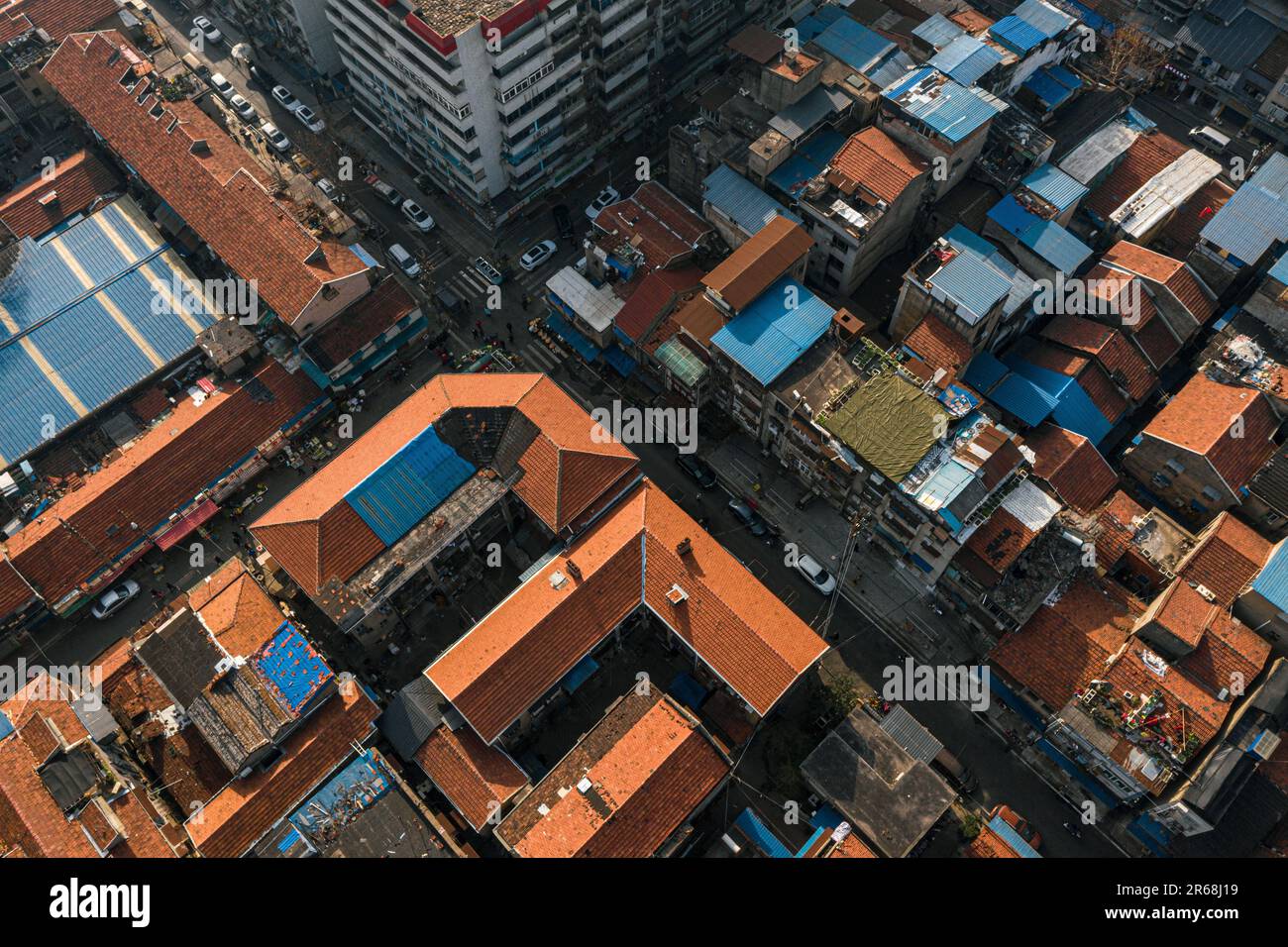An aerial view of historic and residential buildings with terracotta ...