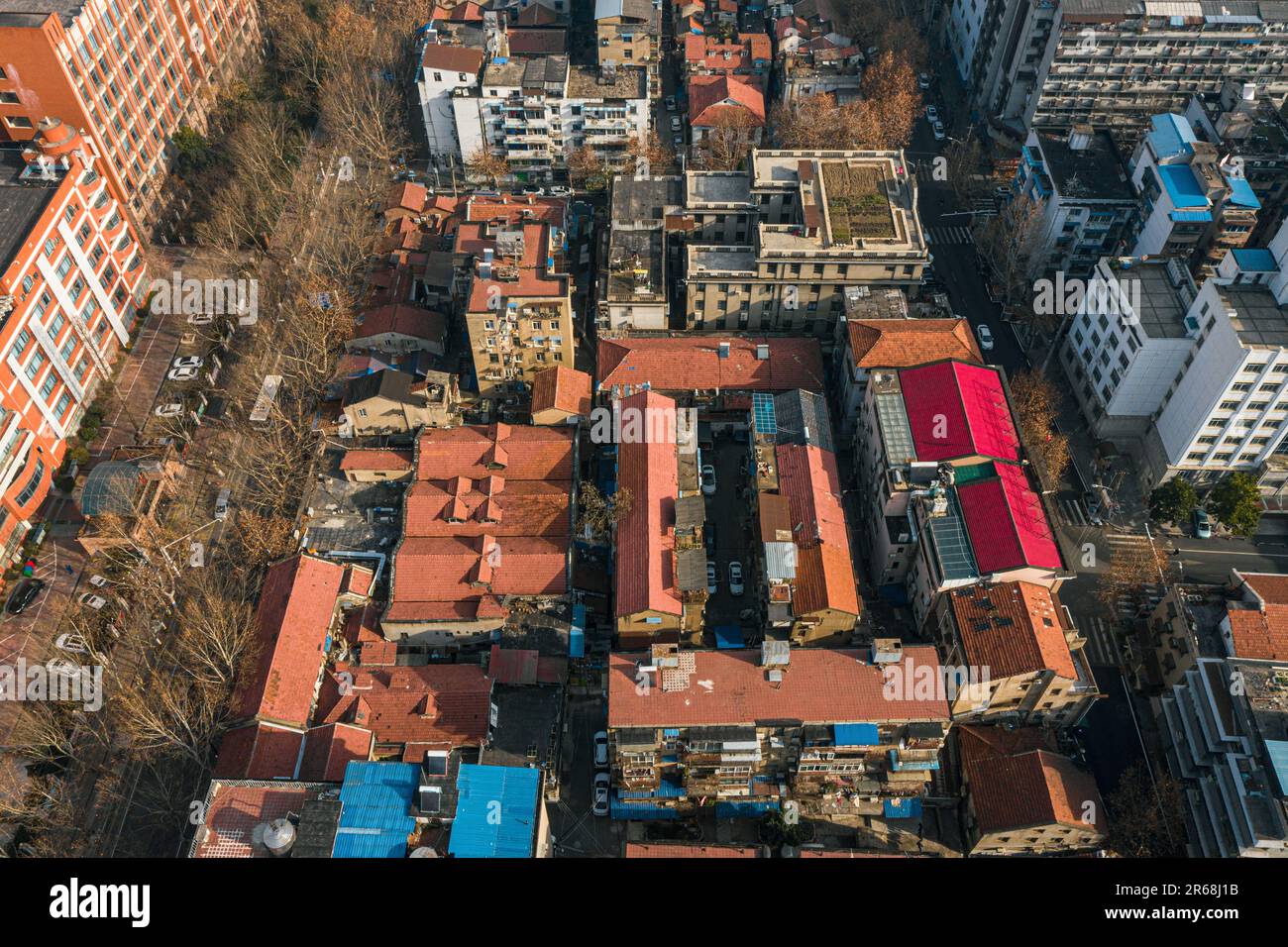 An aerial view of historic and residential buildings with terracotta ...