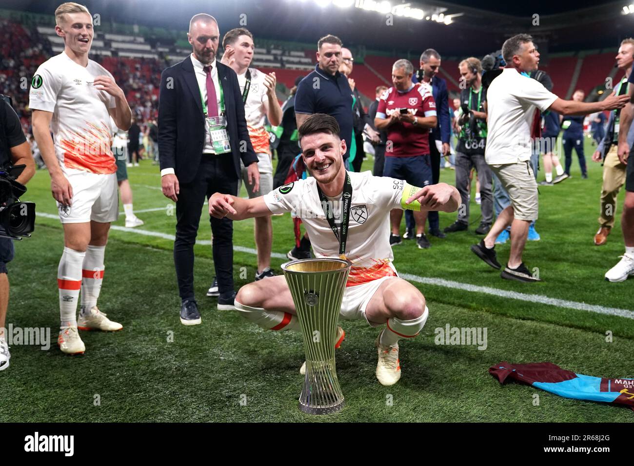 West Ham United's Declan Rice with the UEFA Europa Conference League ...