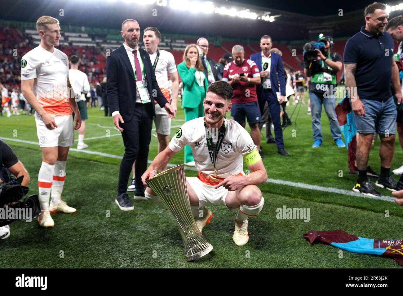 West Ham United's Declan Rice with the UEFA Europa Conference League ...