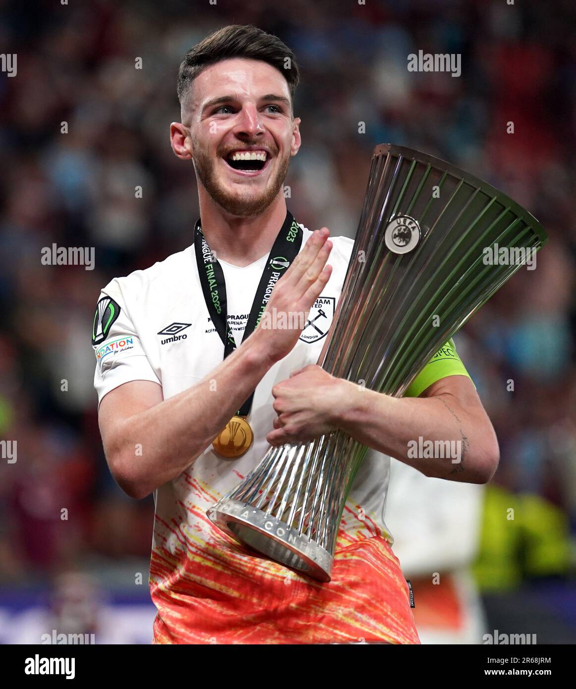 West Ham United's Declan Rice with the UEFA Europa Conference League ...