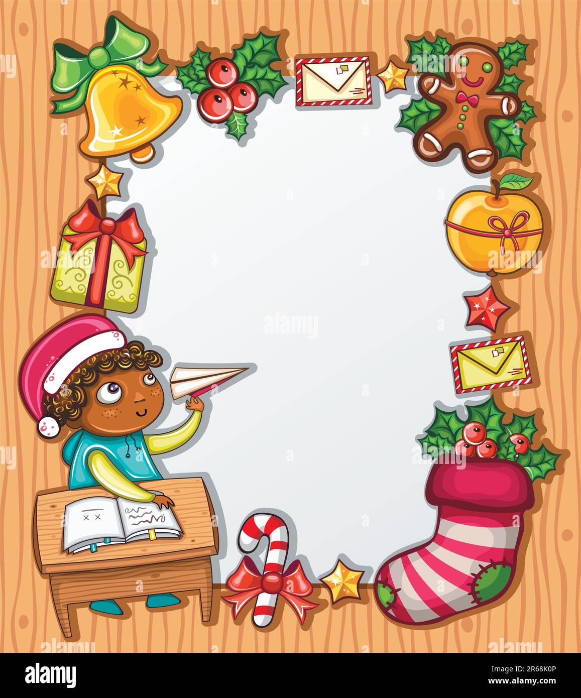 Little boy, wearing Santa hat, writing a letter to Santa . Lots of ...