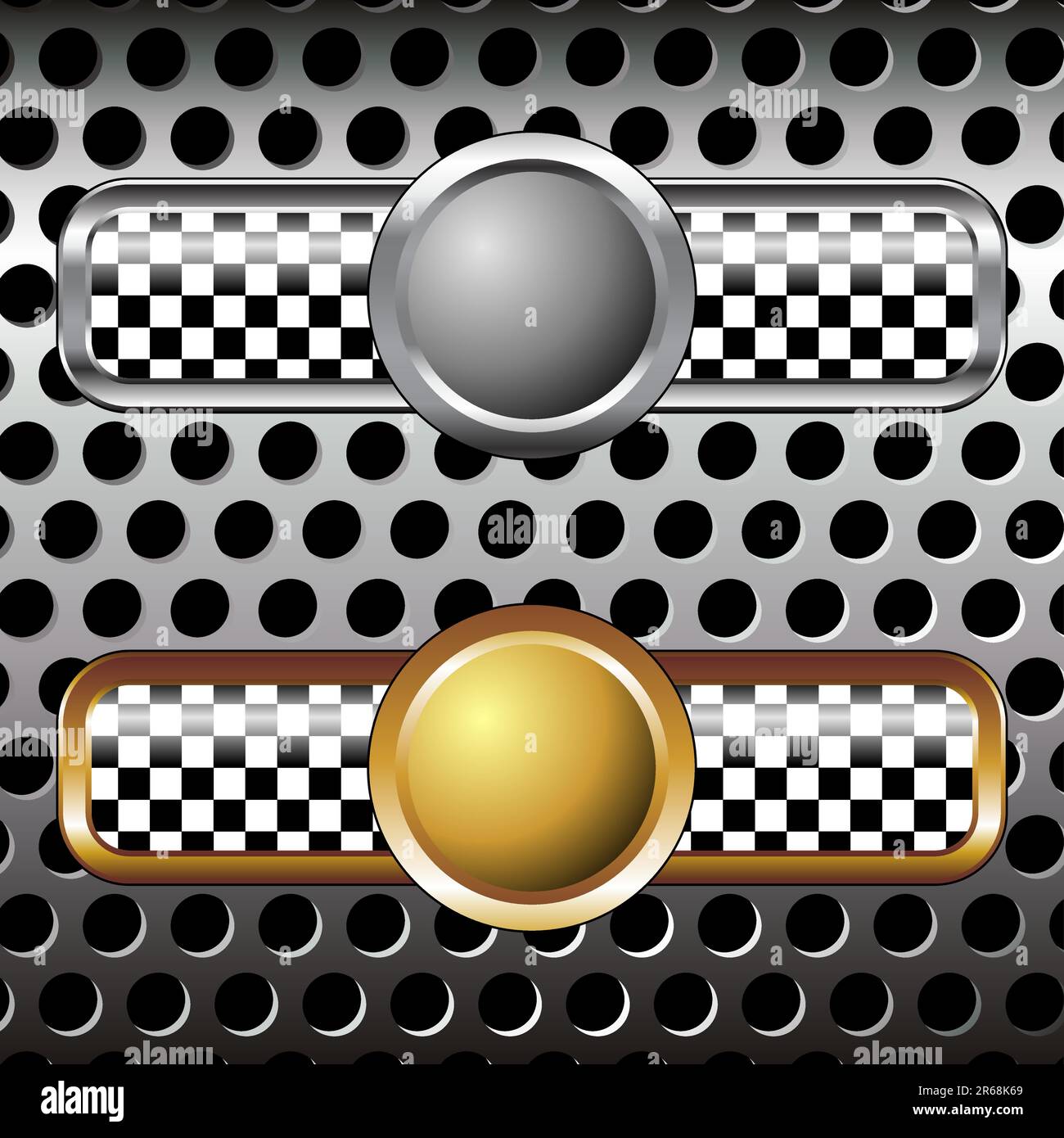 Gold and silver race badges over perforated metallic surface Stock ...
