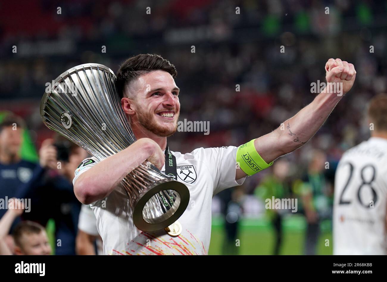 West Ham United's Declan Rice with the UEFA Europa Conference League ...