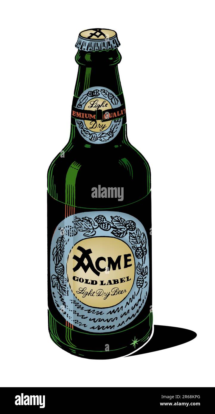 Vintage 1950s etched-style generic beer bottle; detailed black and ...