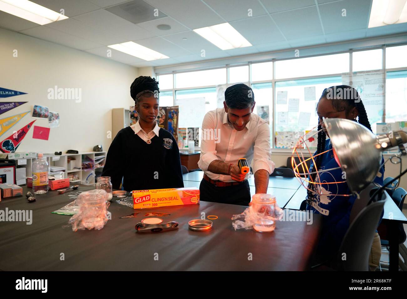 Prime Minister Rishi Sunak takes part in a science experiment as he ...