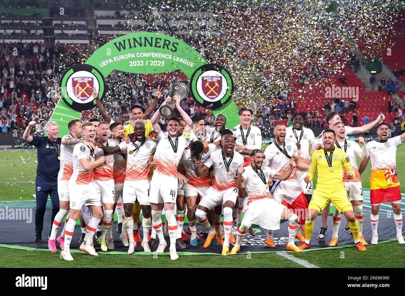 West Ham United's Declan Rice lifts the UEFA Europa Conference League ...