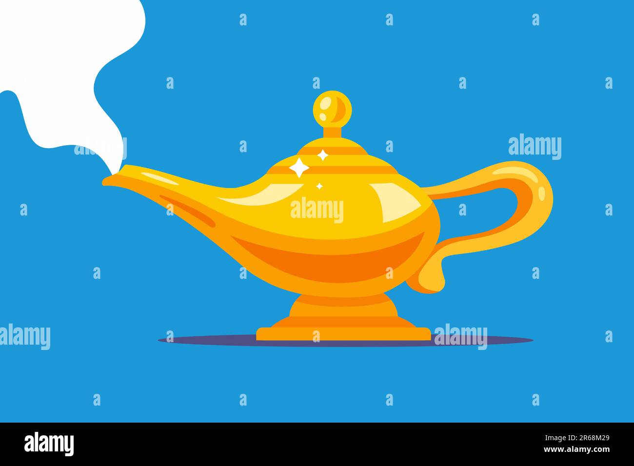 Magic Golden Lamp With Genie From Arabian Night Flat Vector
