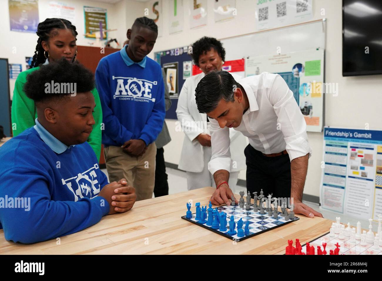 Prime Minister Rishi Sunak is shown a 3D printed chess set during a ...