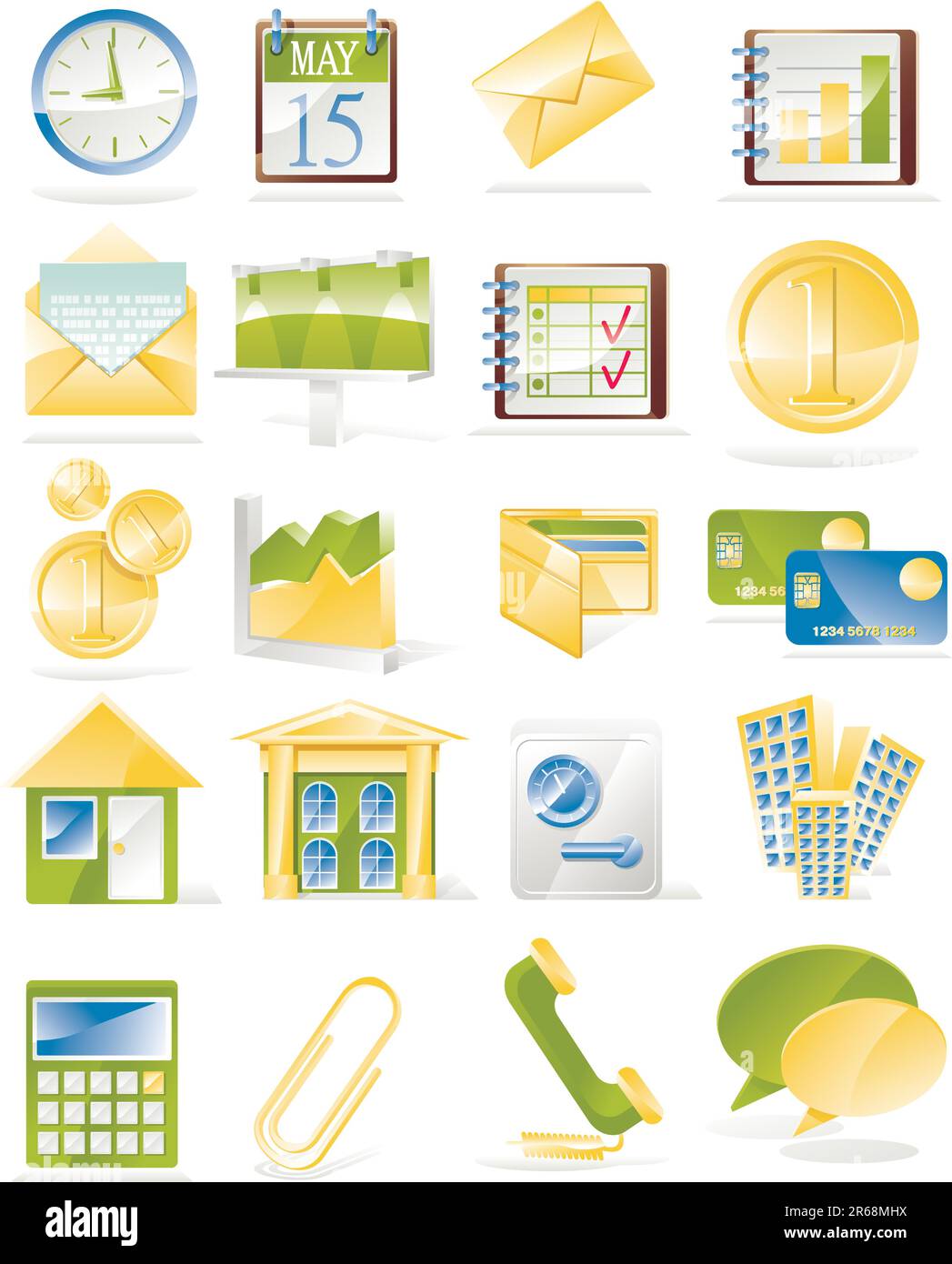 Business, finance and economy icon set in green, yellow and blue Stock ...