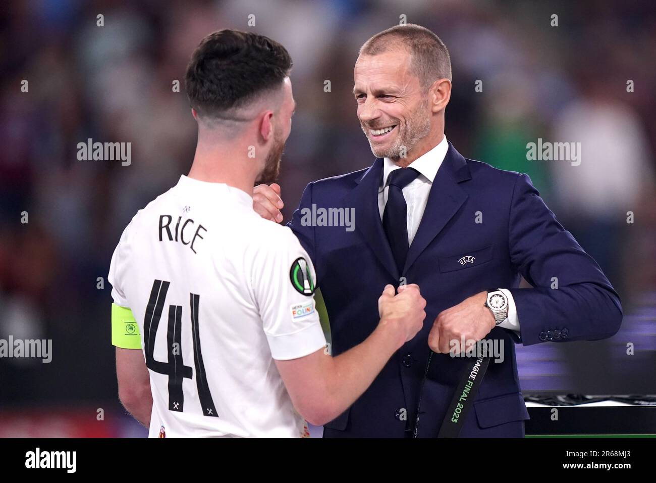 West Ham United's Declan Rice (left) with UEFA president Aleksander ...