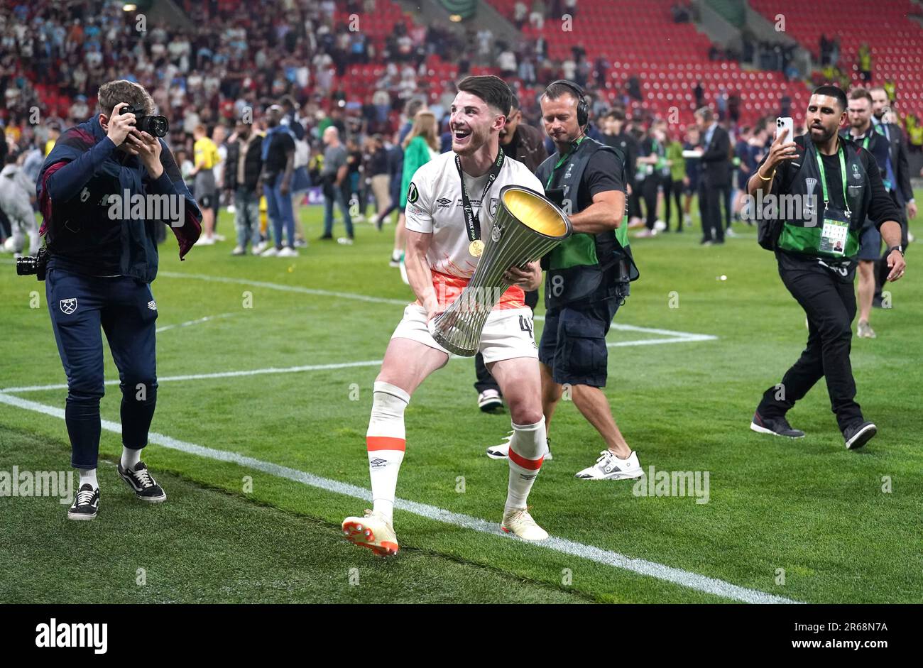 West Ham United's Declan Rice with the UEFA Europa Conference League ...