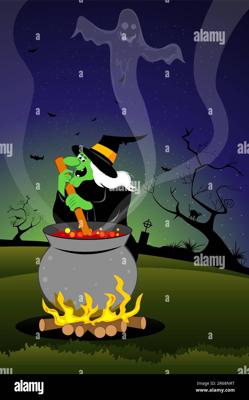 illustration of halloween witch cooking and ghost coming out of her pot ...