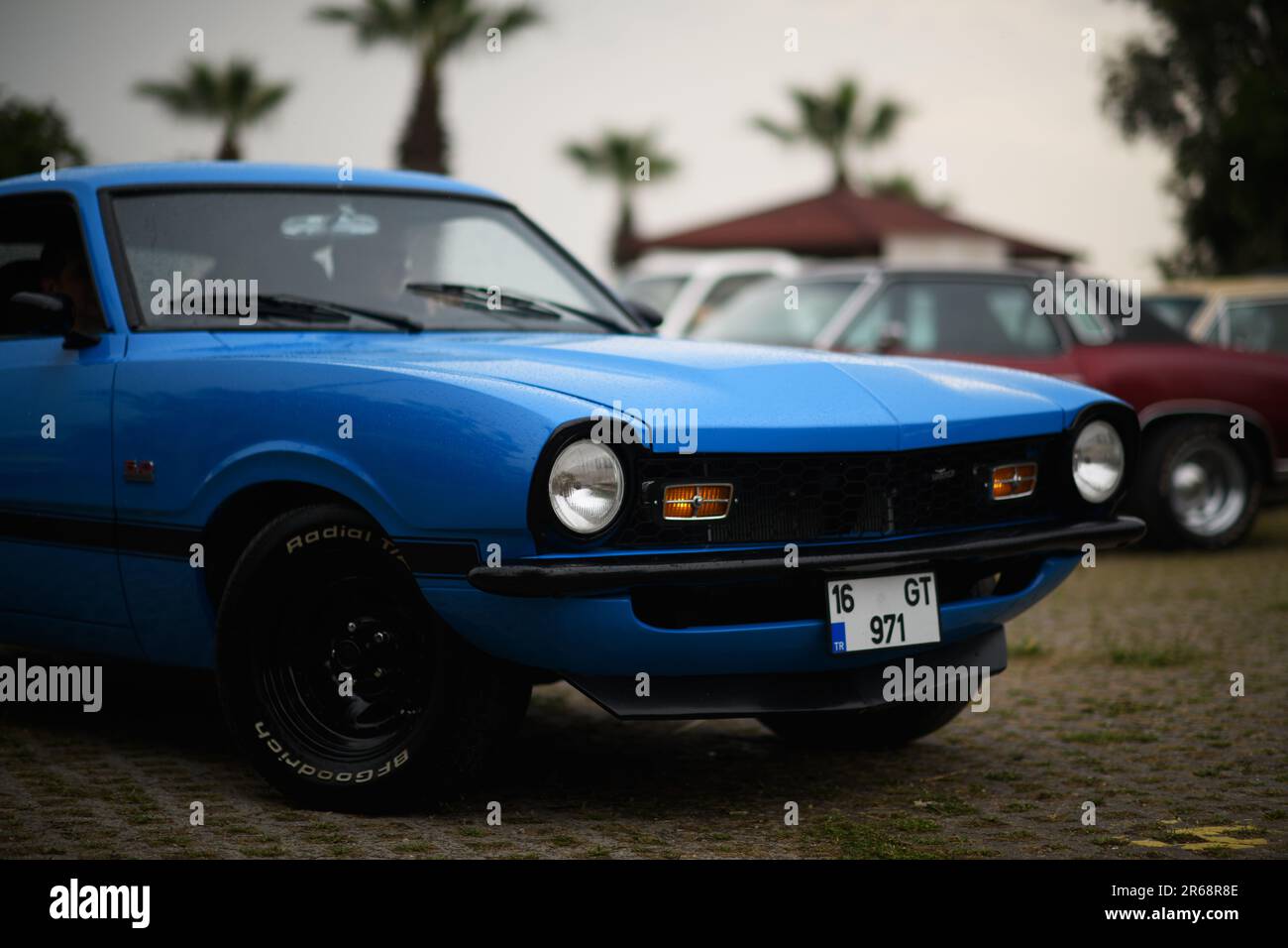 Izmir, Turkey - June 3, 2023: A rain-soaked blue 1971 Ford Maverick at ...