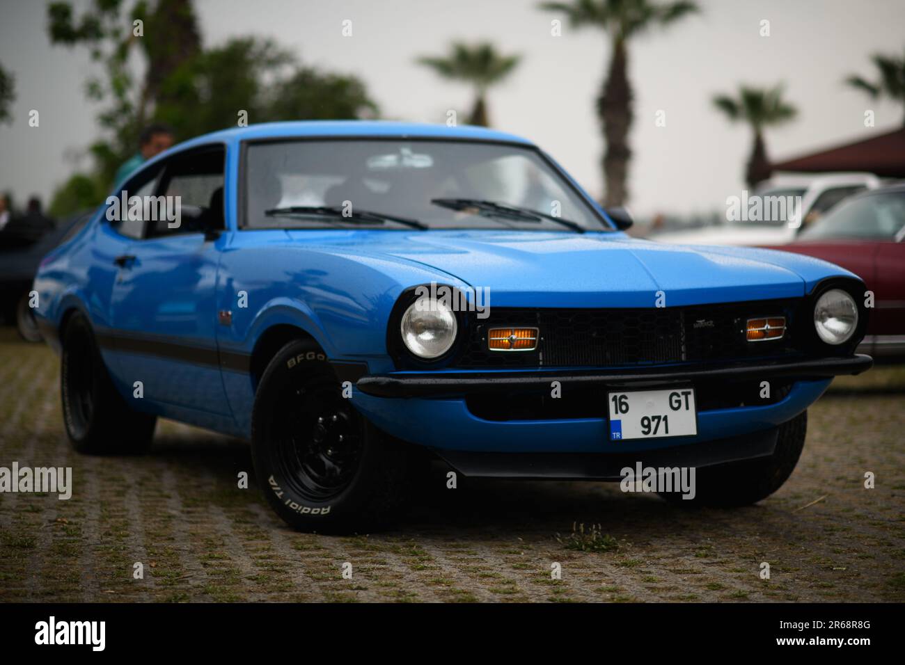 Izmir, Turkey - June 3, 2023: A rain-soaked blue 1971 Ford Maverick at ...