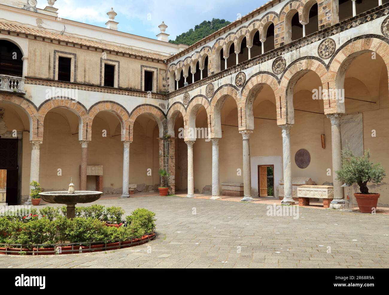 Covered arcaded walkway of Salerno Cathedral, Italy. Duomo di Salerno ...