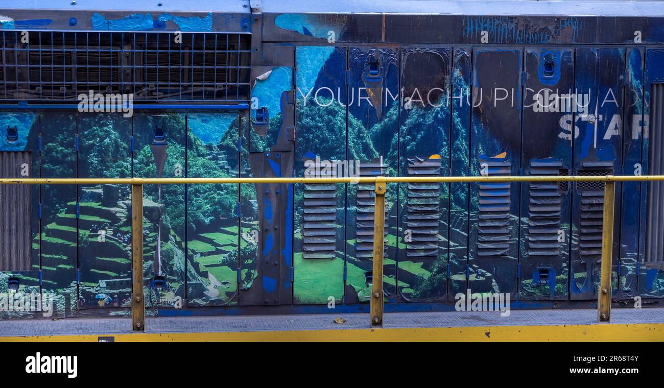painting on side of diesel locomotive at Aguas Calientes, PeruRail ...