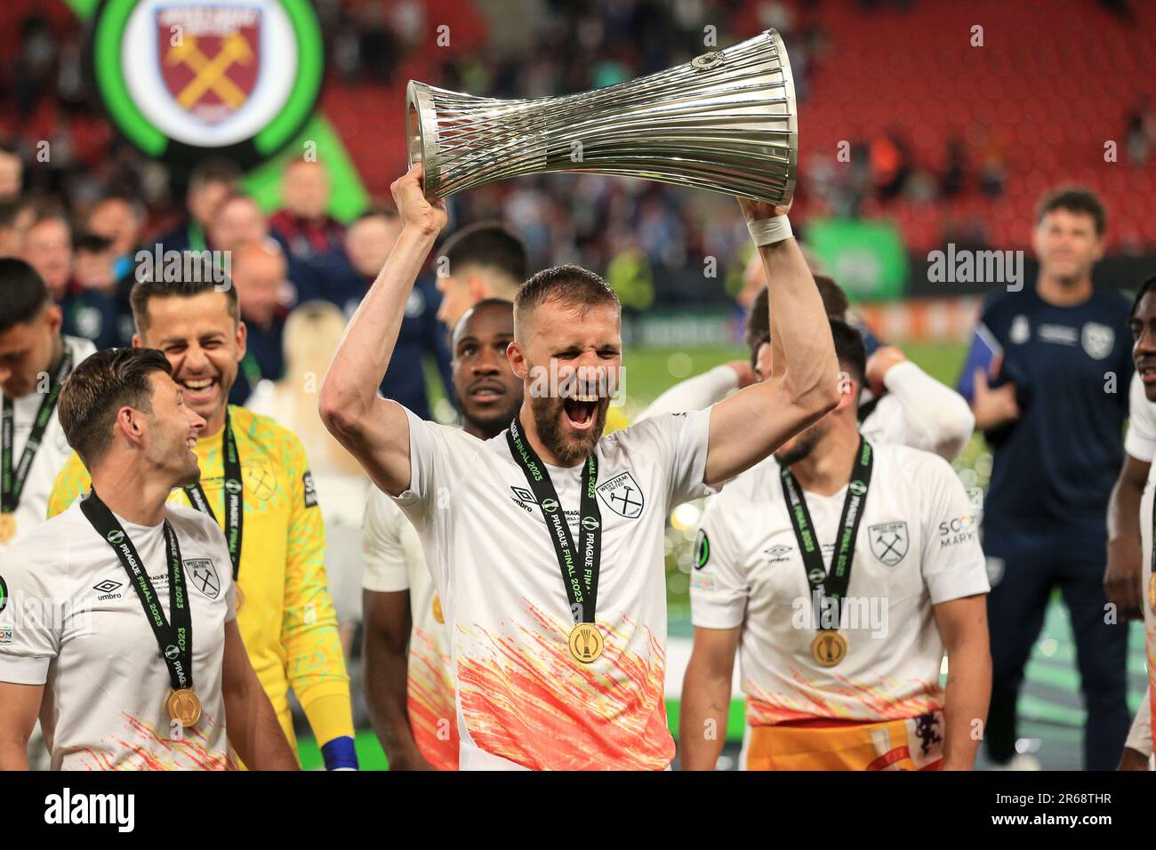 Prague, Czechia. 07th June, 2023. Tomas Soucek of West Ham United lifts ...