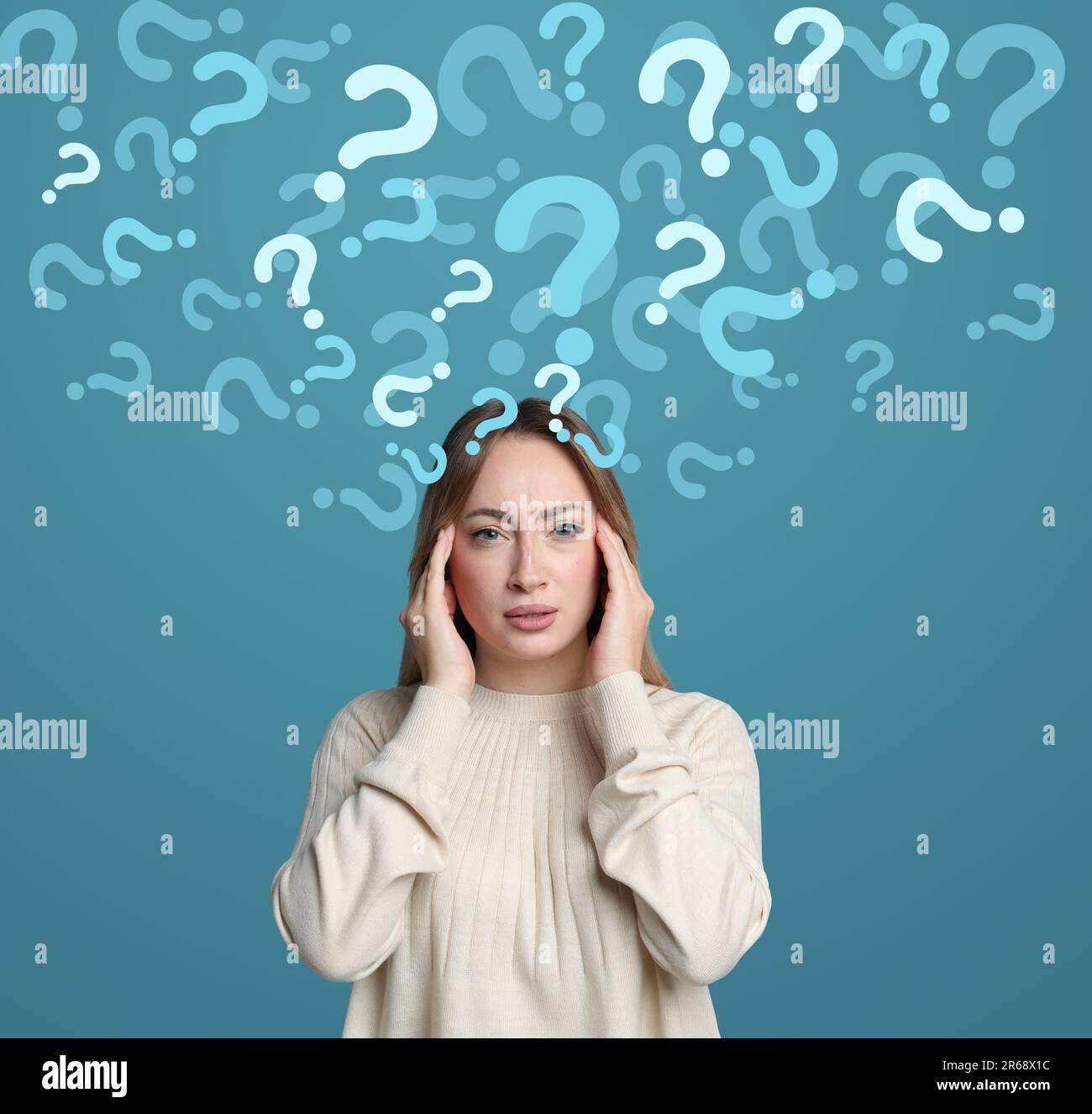 Amnesia Concept Woman Trying To Remember Something On Color Background
