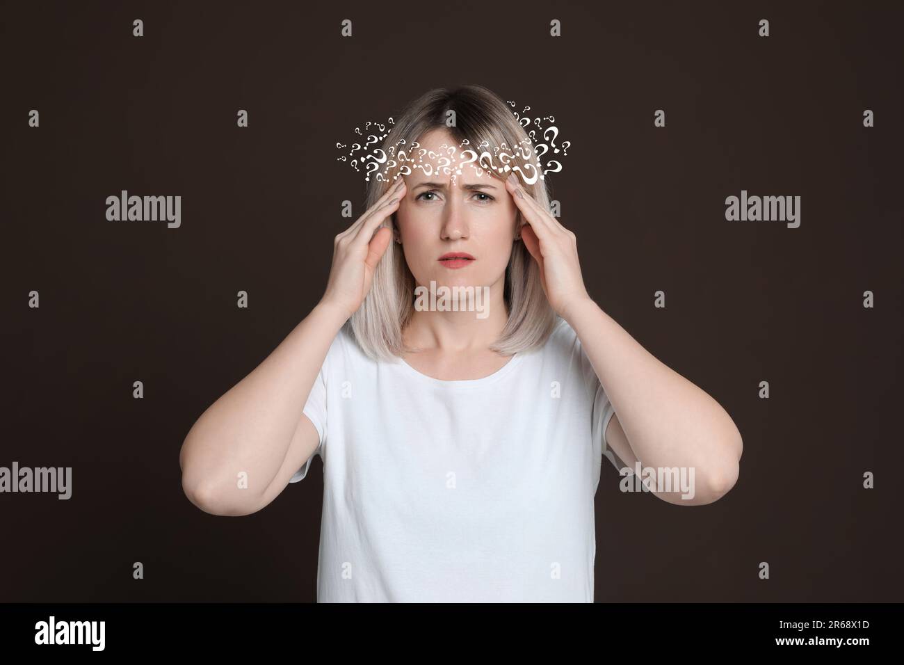 Amnesia Concept Woman Trying To Remember Something On Dark Background
