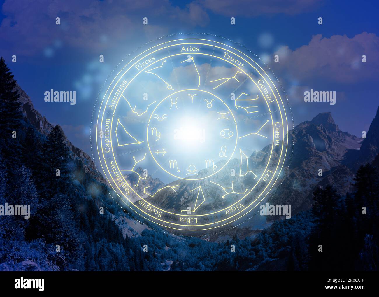 Zodiac wheel with 12 astrological signs and star constellations and ...