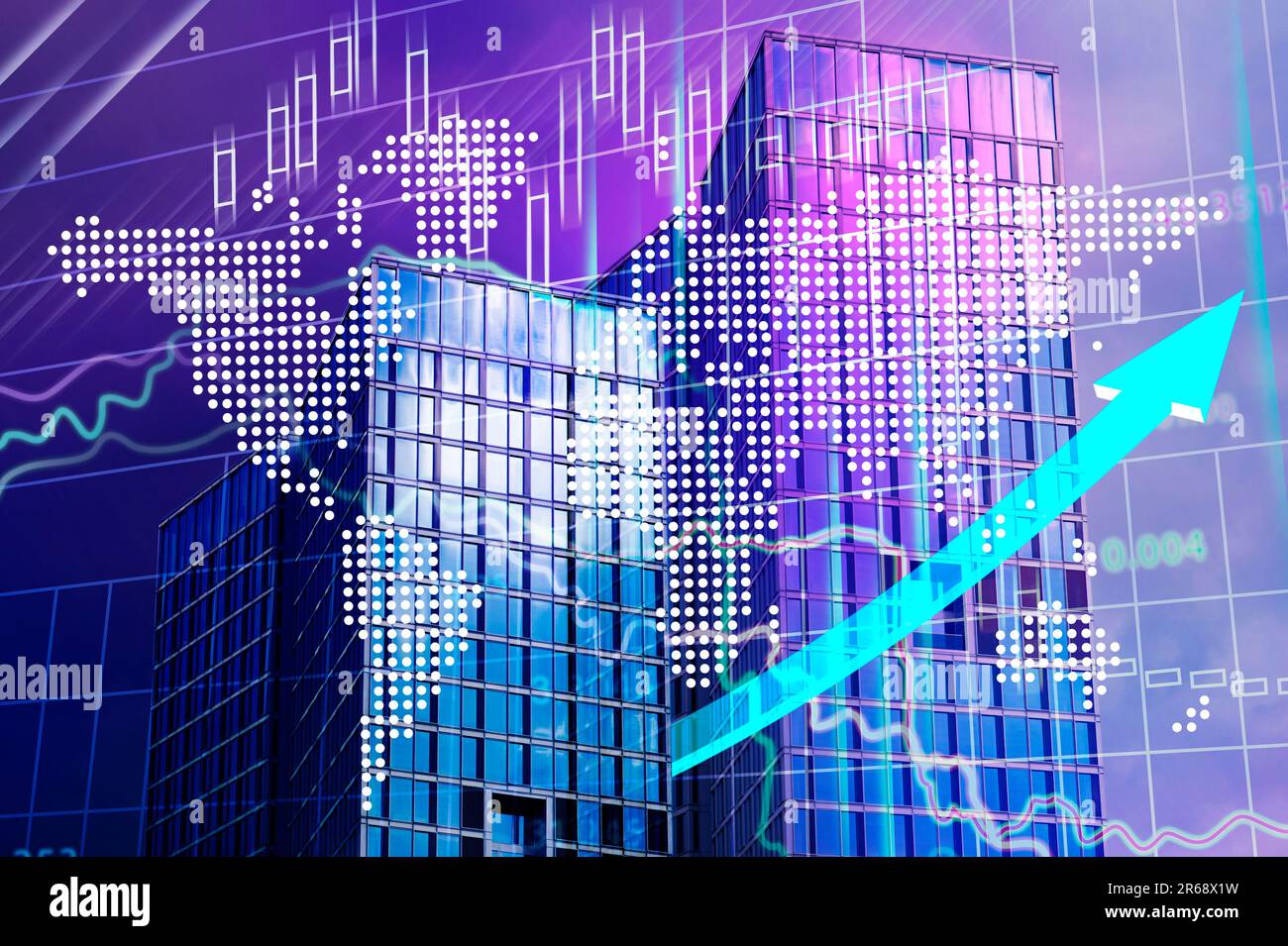 Stock exchange concept. Modern buildings, world map, charts and arrow ...