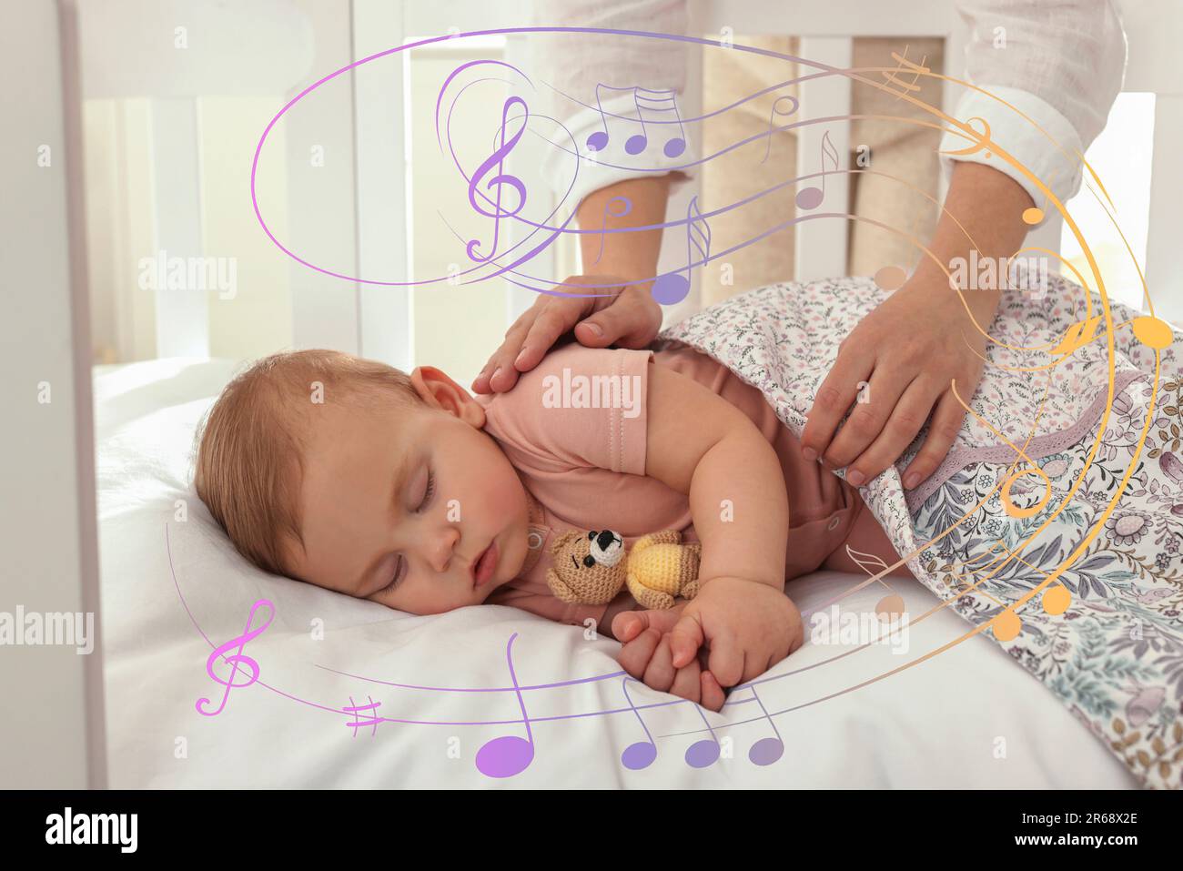 Mother singing lullaby to her sleepy baby indoors, closeup. Music notes ...