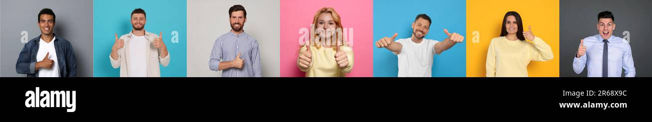 Collage with photos of people showing thumbs up on different color ...