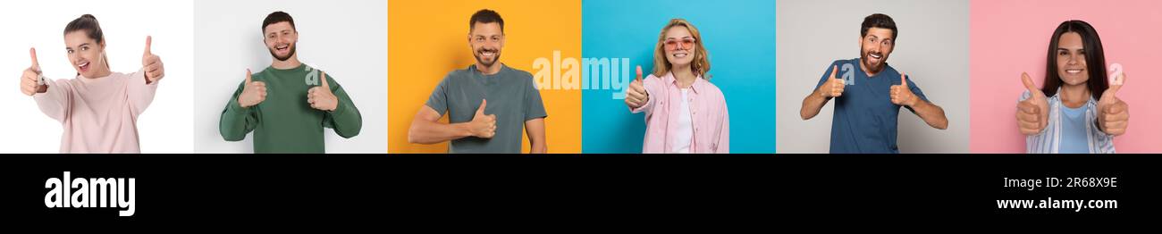 Collage with photos of people showing thumbs up on different color ...