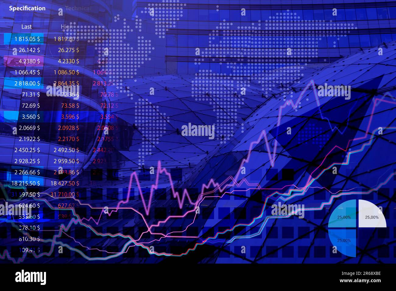 Stock exchange concept. Modern buildings, world map, data and charts ...