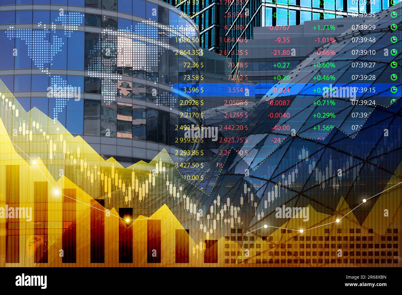 Stock exchange concept. Modern buildings, data and charts, multiple ...