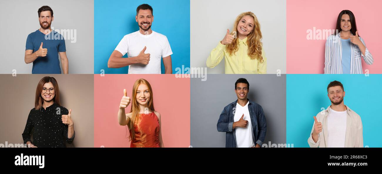 Collage with photos of people showing thumbs up on different color ...