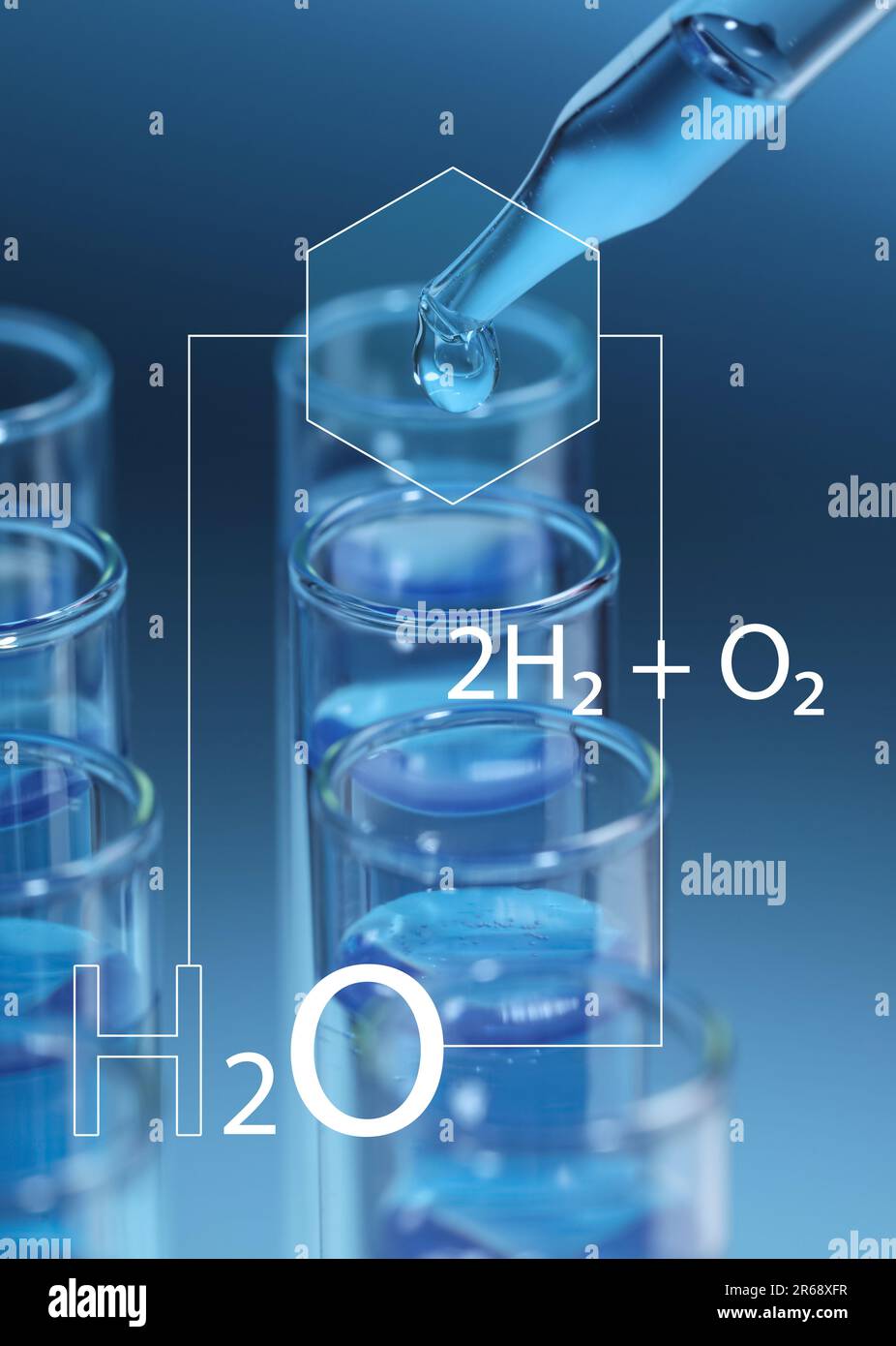 Chemical formulas. Dripping reagent into test tube on light blue ...