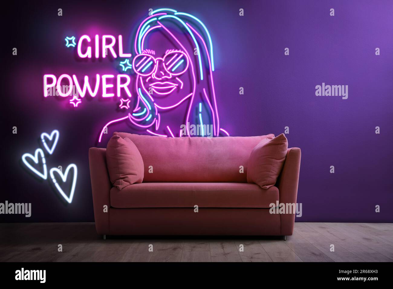 Glowing neon sign with outline of woman, hearts and words Girl Power ...