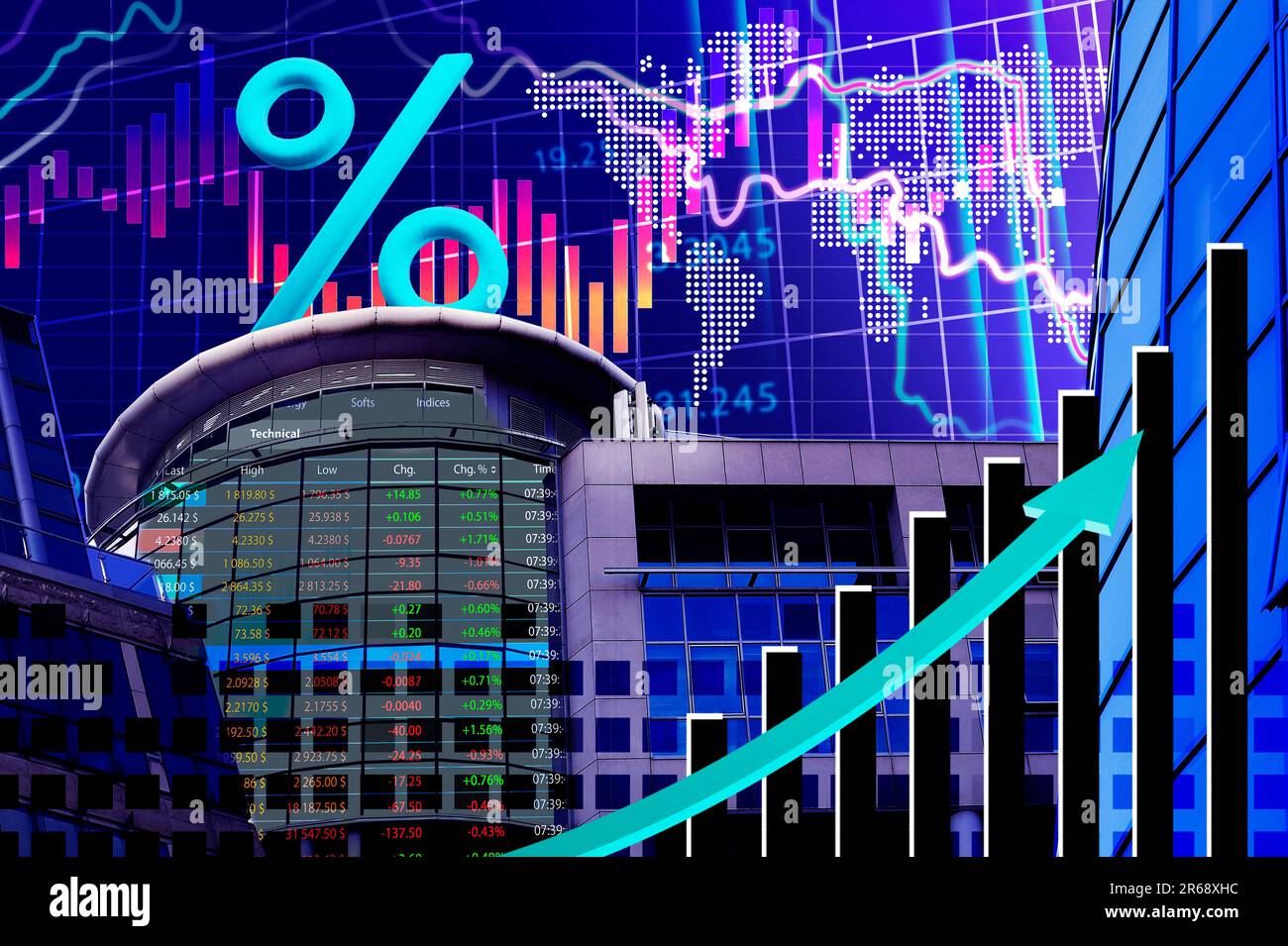 Stock exchange concept. Modern buildings, world map, data, charts and ...