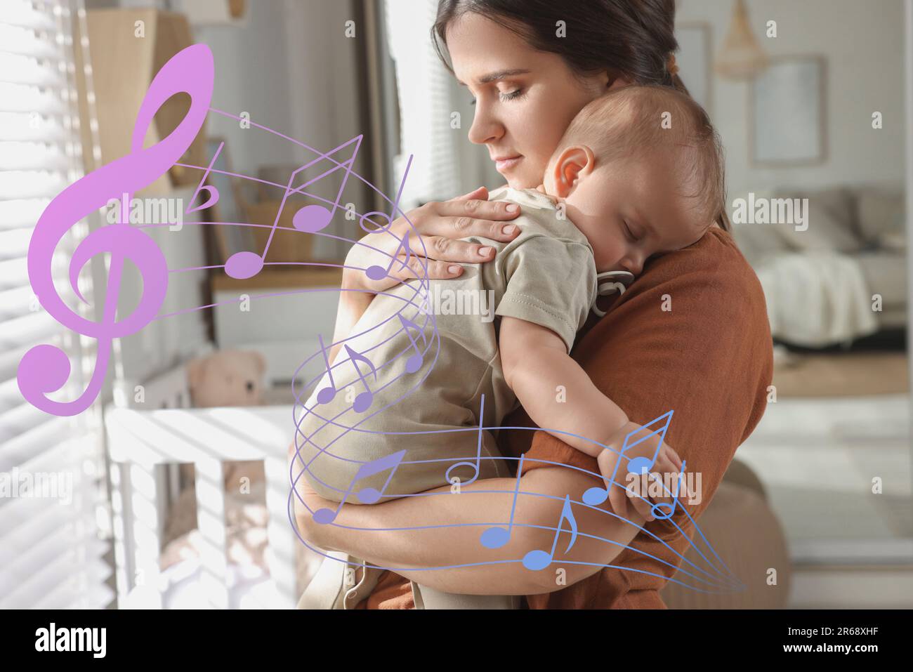 Mother singing lullaby to her sleepy baby in children room. Music notes ...