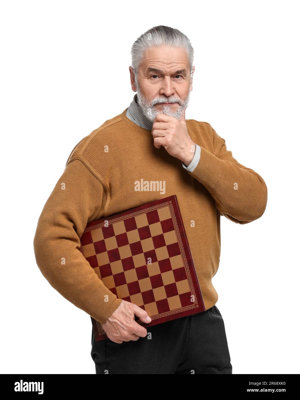 Man with chessboard on white background. Intellectual game Stock Photo ...