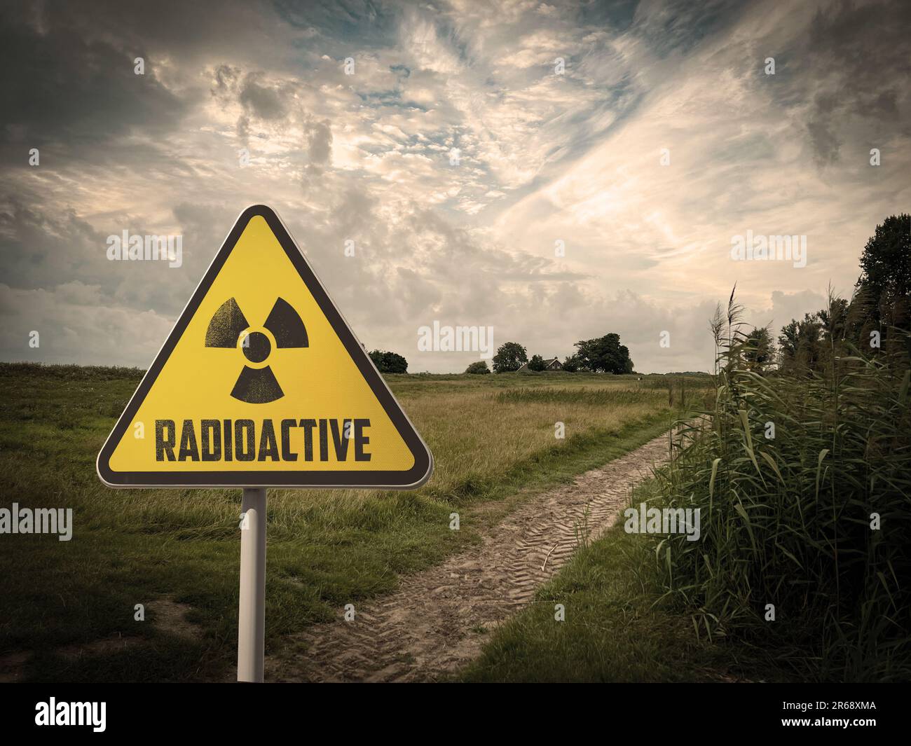 Radioactive pollution. Yellow warning sign with hazard symbol near ...