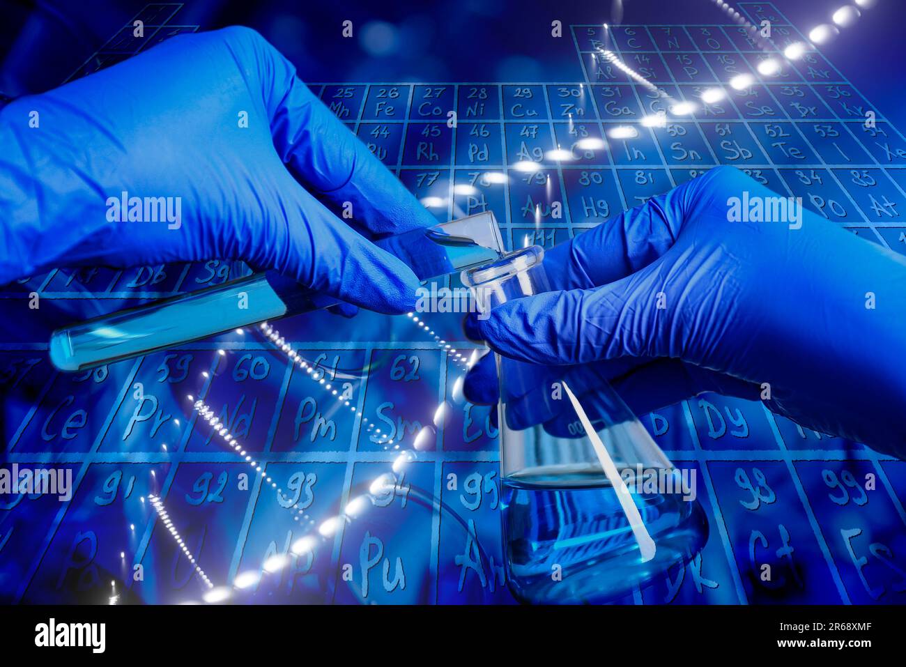 Scientist working with sample, periodic table of chemical elements and ...