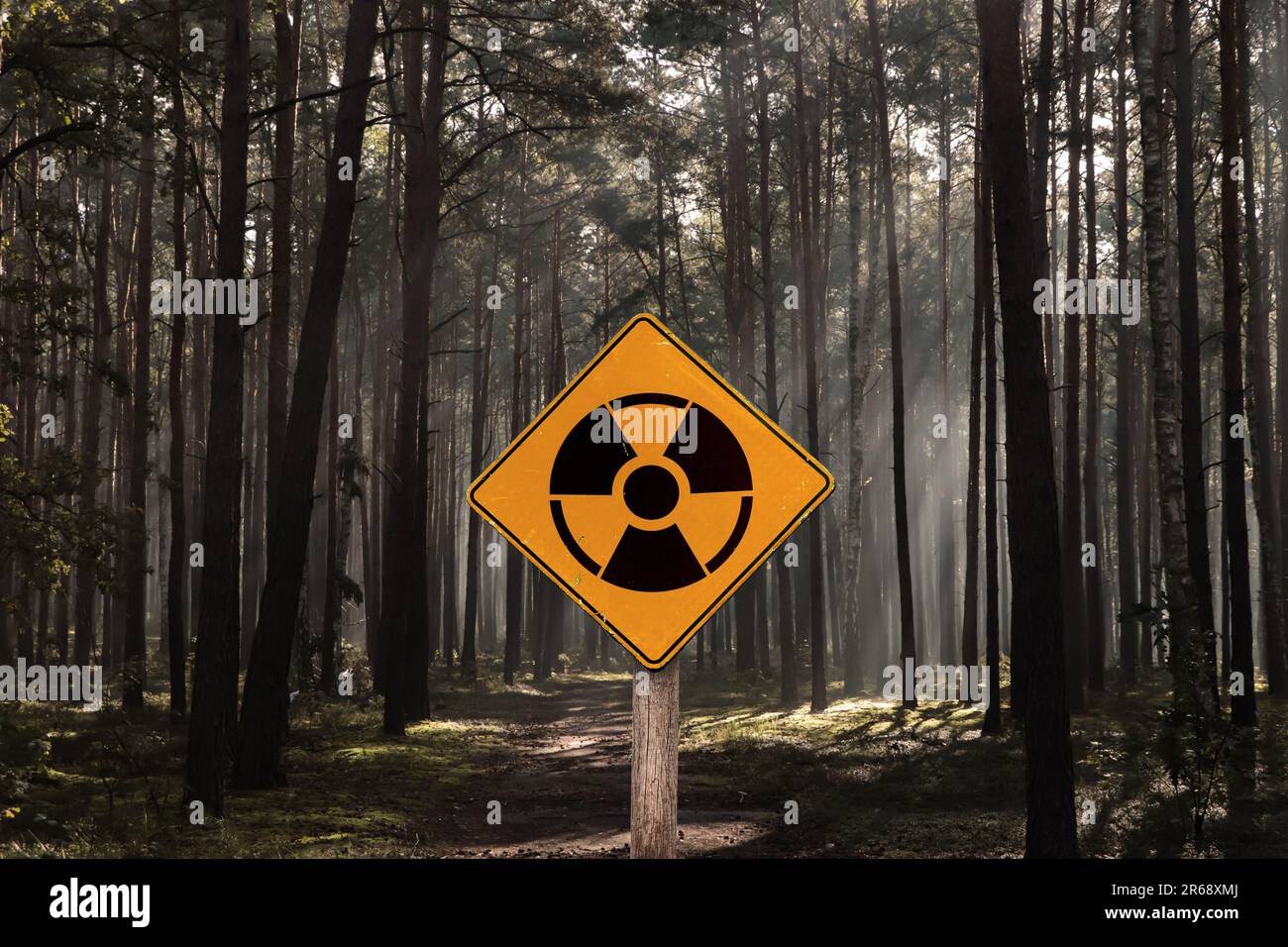 Radioactive pollution. Yellow warning sign with hazard symbol near ...