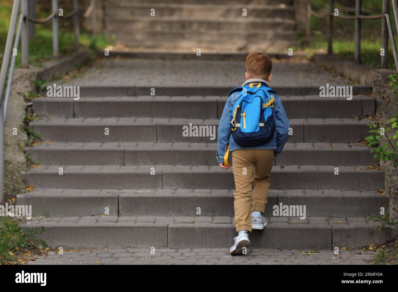 Little boy with backpack going to school, back view Stock Photo - Alamy
