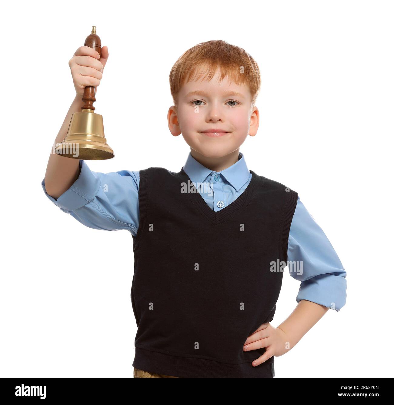 Pupil with school bell on white background Stock Photo - Alamy