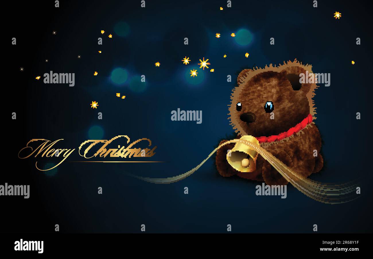 Teddy Bear with Golden Bell | Vector Flares and Lights | Christmas Card ...