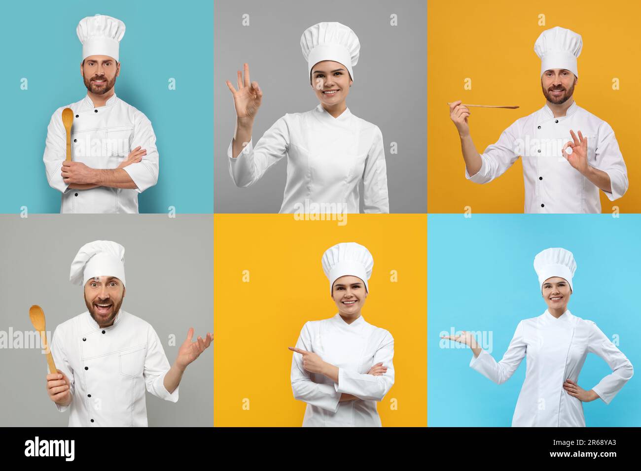 Chefs in uniforms on different color backgrounds, collage design Stock ...