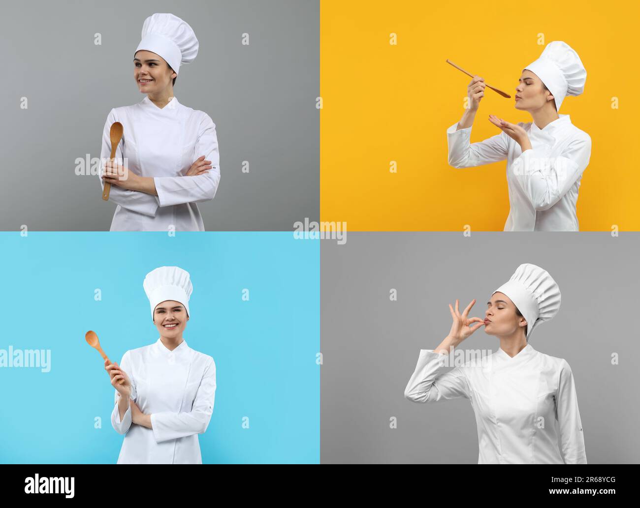 Chef in uniform on different color backgrounds, collage design Stock ...