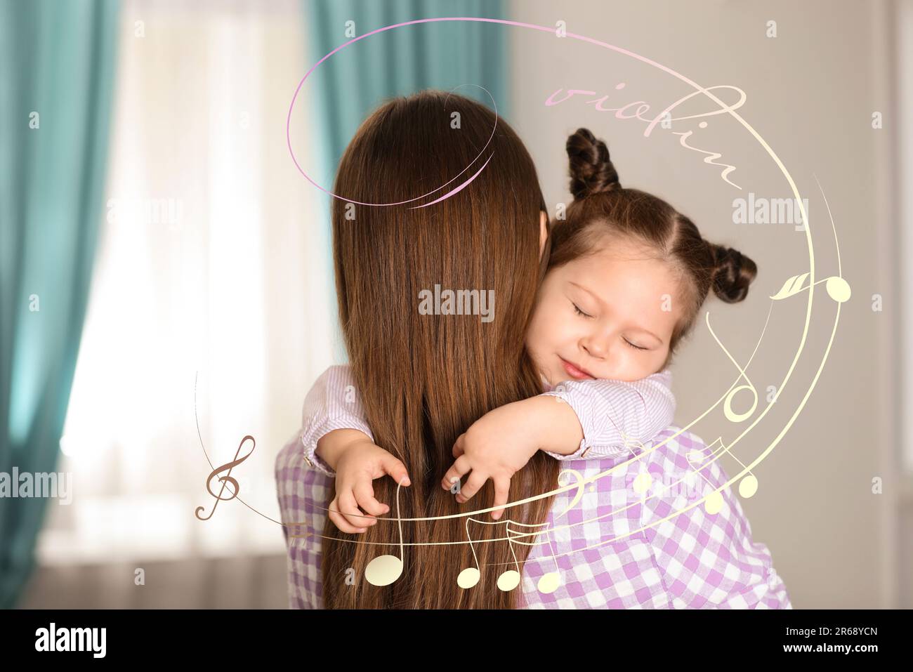 Mother singing lullaby to her daughter at home. Music notes ...