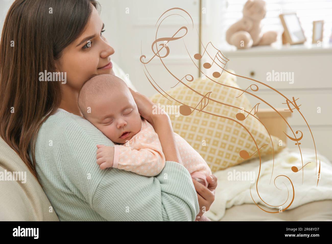 Mother singing lullaby to her baby at home. Music notes illustrations ...