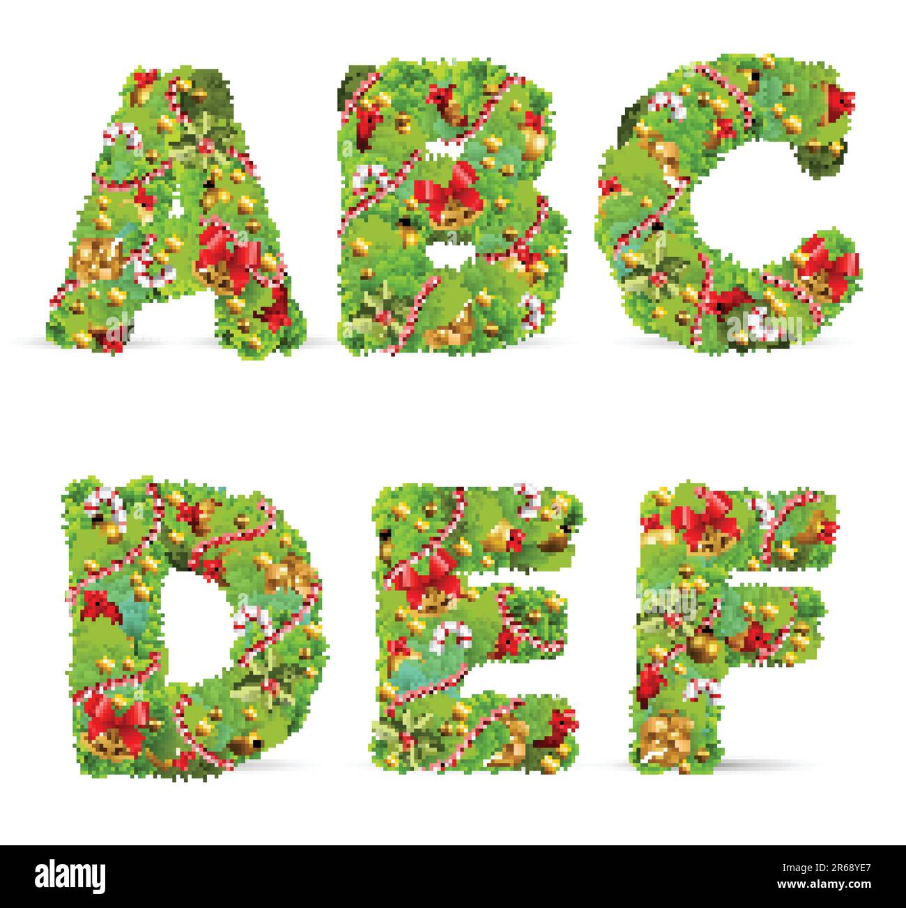 ABCDEF, vector christmas tree font with green fir and baublest Stock ...